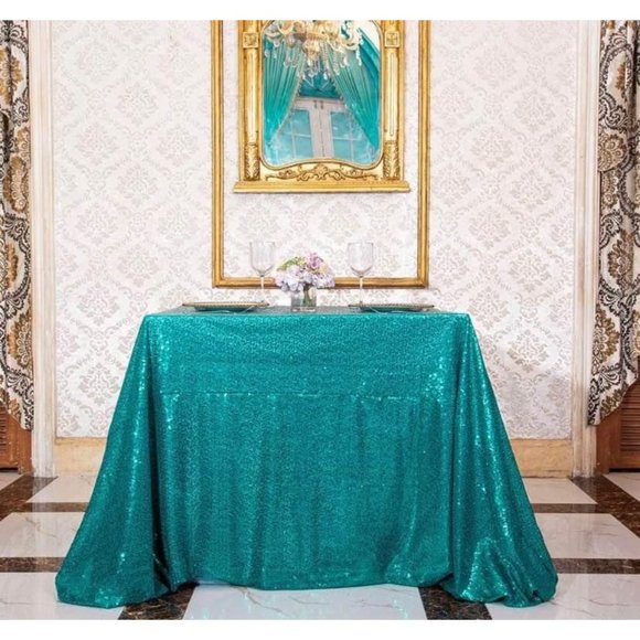Dining | Teal 6x102 Inch Sequin Rectangle Dark Green Tablecloth Wedding ...